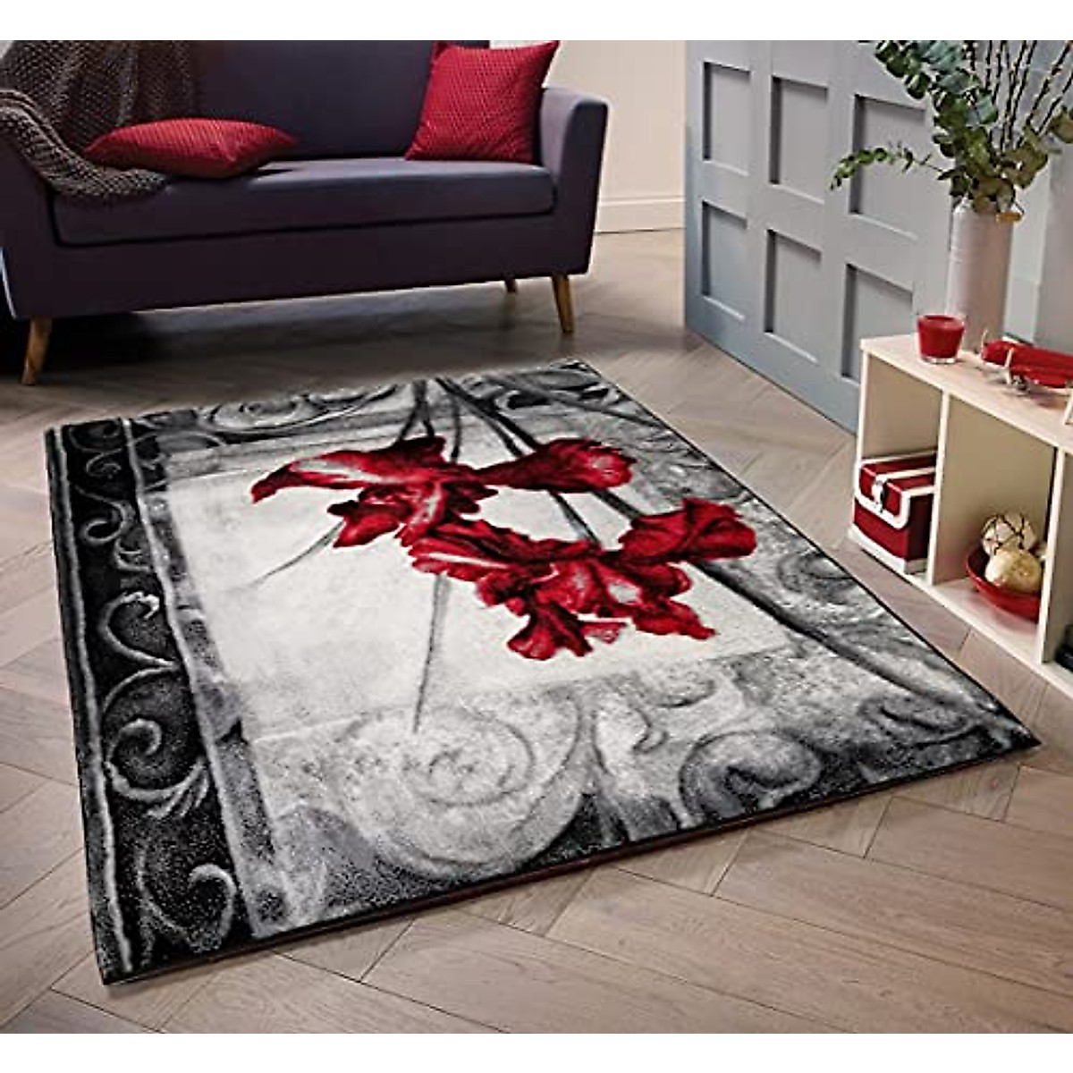 HT Design Rectangular Area Rug for Living Room, Floral Black and Red 7x10 Modern Rugs, Easy to Clean, Pet Friendly Indoor Carpet for Living Room