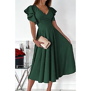 PRETTYGARDEN Women's Summer Midi Dress Ruffle Cap Sleeve V Neck Cocktail Party Swing A Line Fit and Flared Dresses (Dark Green,X-Large)