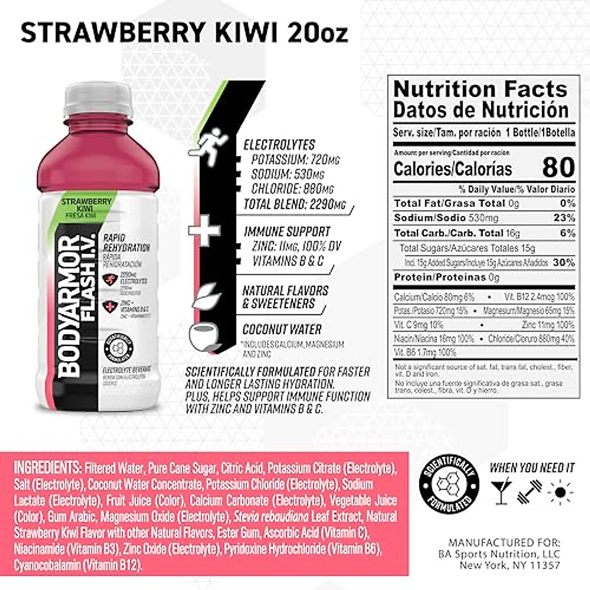 BODYARMOR Flash I.V. Electrolyte Beverage, Strawberry Kiwi, 20 Fl Oz (Pack of 12)