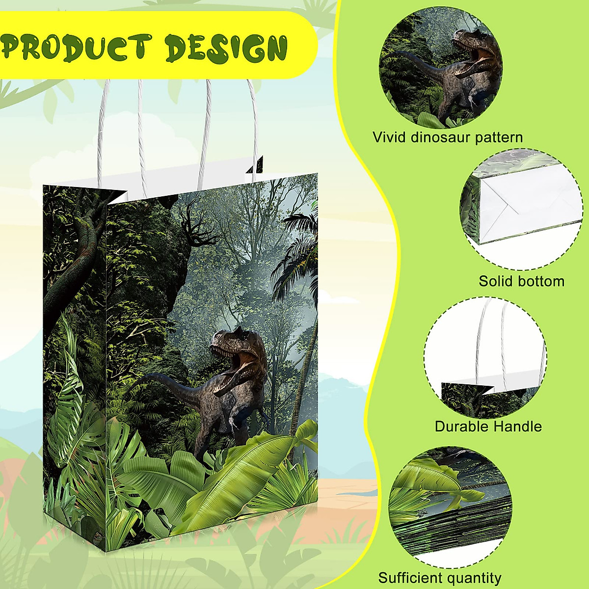 Sinmoe 24 Pcs Dinosaur Theme Party Favor Bags with Handles Dinosaur Goodie Paper Gift Bags Dino Candy Treat Bags Baby Shower Birthday Wildlife Forest Party Decorations Supplies, 2 Designs