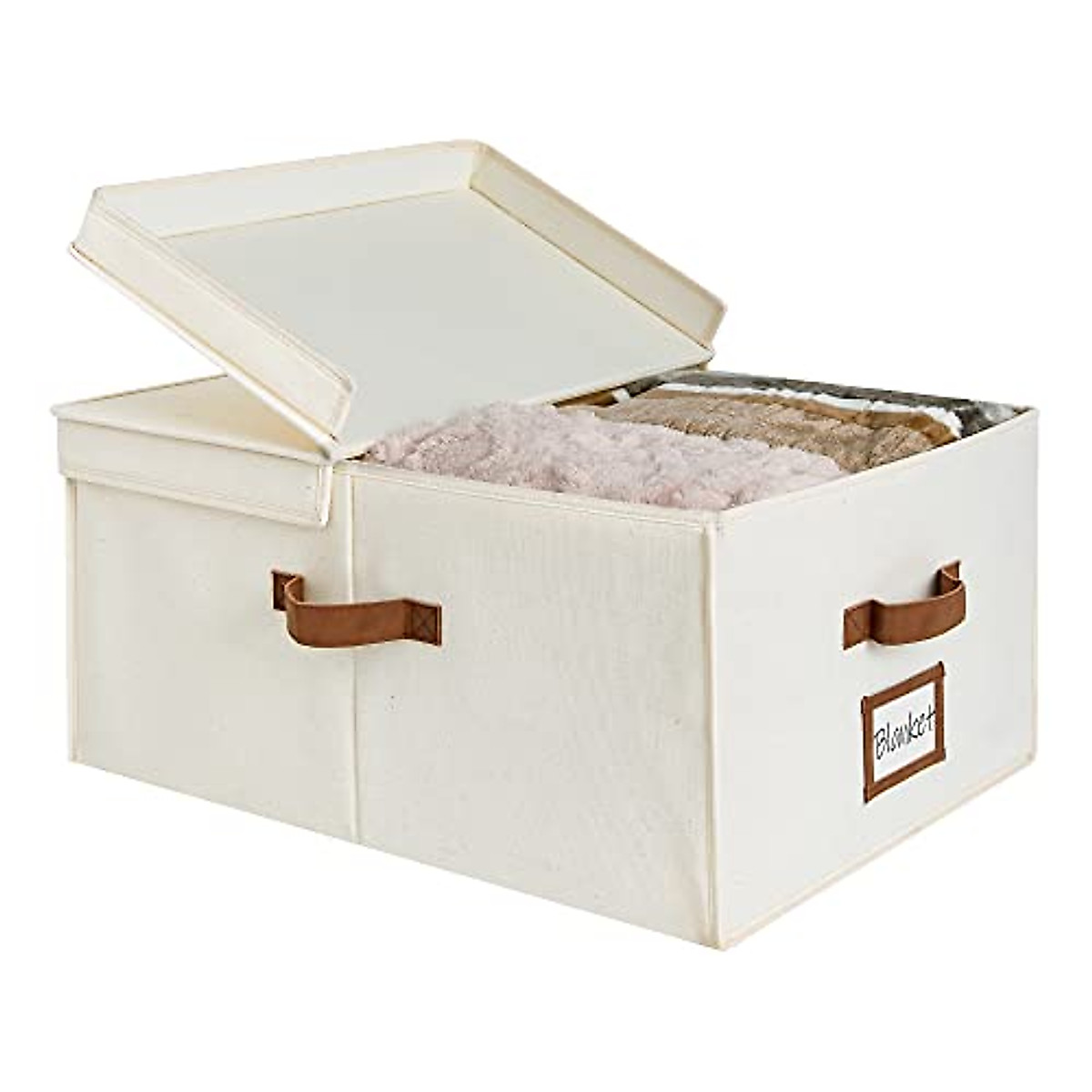 StorageWorks 55L Storage Bin, Decorative Closet Storage Box with Double-Open Lid, Divider Board and 3 PU Handles, Hand Wash, Canvas, Ivory White, Extra Large