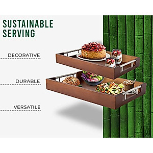 Set of 2 Modern Bamboo Serving Trays with Metal Handles – Bamboo Nesting Trays – Large, and Small Trays Set for Food, Ottoman Décor & More – Bamboo Trays for Breakfast - Brown