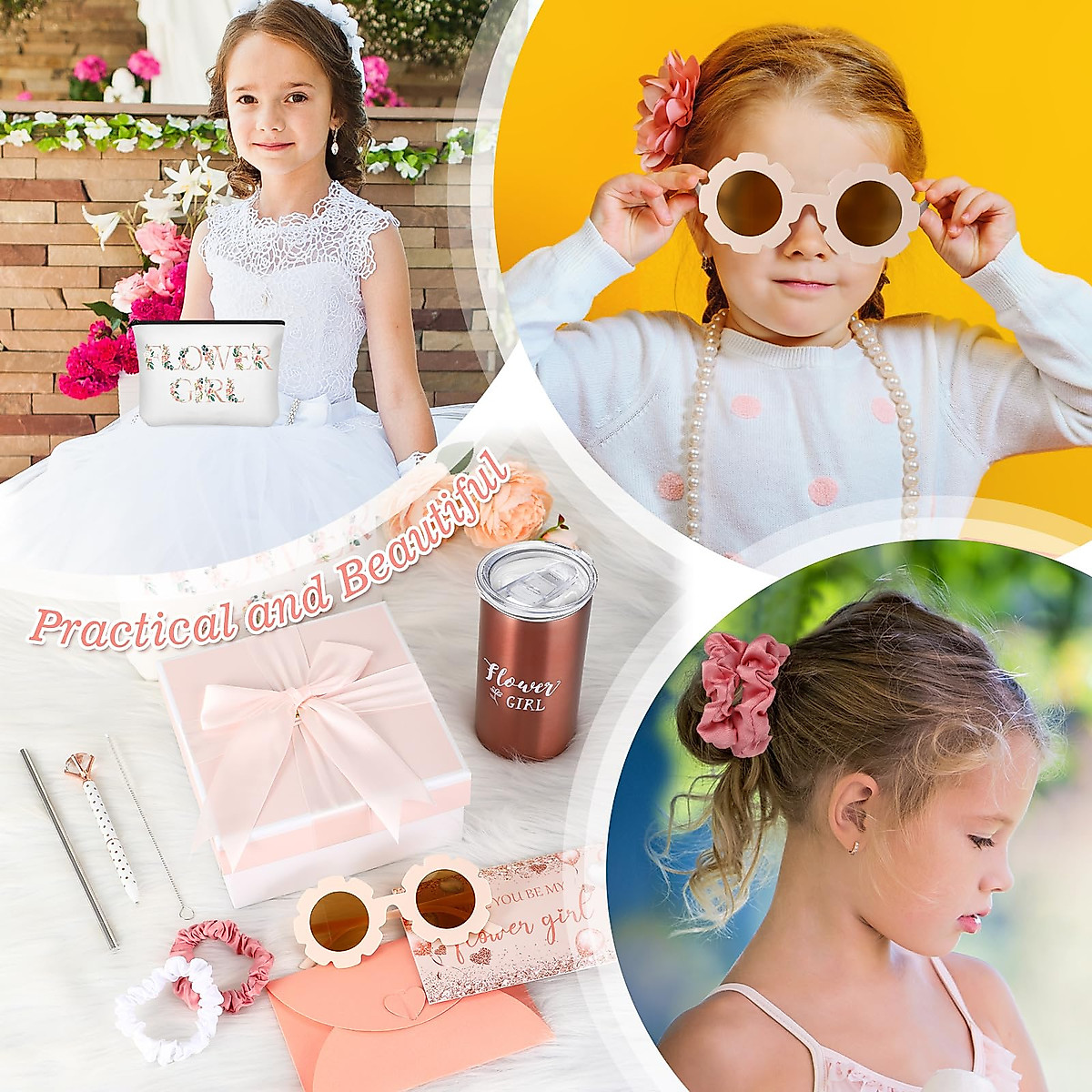 15 Pcs Flower Girl Ring Bearer Gifts Set Include Tumbler with Straw Glasses Canvas Bag Hair Ring Diamond Pen Proposal Card Envelope Acoustic Earpiece Tube Gift Box for Wedding Bride Shower Party