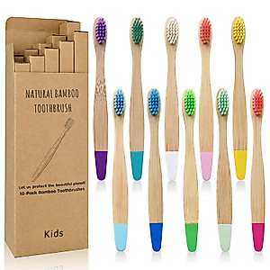 ANXUN Kids Bamboo Toothbrushes 10 Pack, Children Toothbrush Colorful Soft Bristles, Wooden Handle Tooth Brush (Assorted Colors 10 Pack)