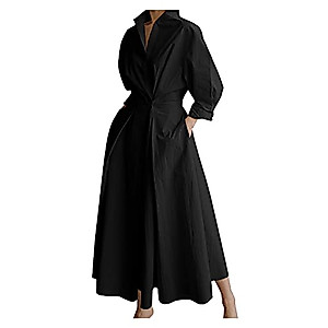 Ladyful Elegant Cotton Shirt Dress for Women A-line Long Sleeve Maxi Dress Black
