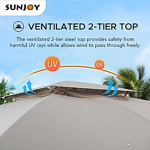 Sunjoy Rumney Outdoor Patio Steel Frame 11 x 13 ft. 2-Tier Soft Top Gazebo with Light Gray Canopy Roof, Netting and Curtains