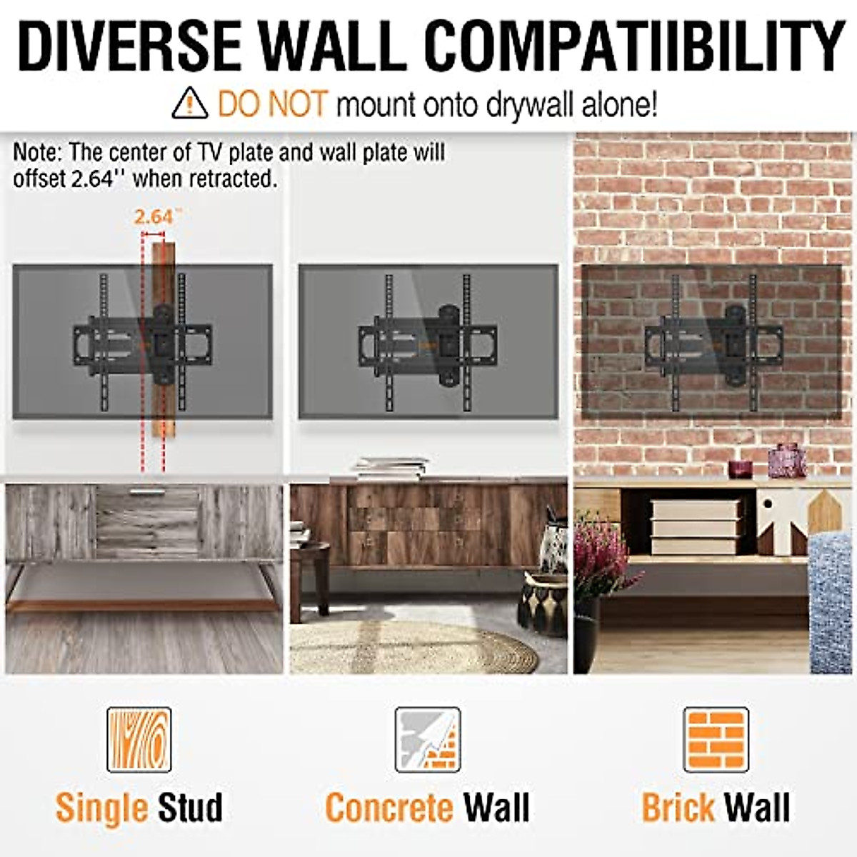 ELIVED Full Motion TV Wall Mount for Most 26-55 Inch Flat Curved TVs Up to 77 lbs, Swivel and Tilt TV Bracket with Articulating Arms, Perfect Center Single Stud Corner TV Mount, Max VESA 400x400mm