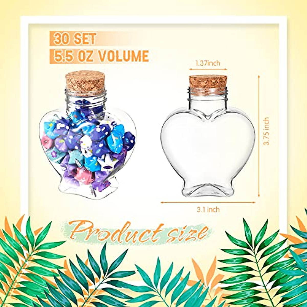 Yinkin 30 Pcs 5.5 oz Heart Shape Plastic Jar with Cork Lids Small Heart Clear Plastic Wish Bottles for Valentine's Day Anniversary Birthday Wedding DIY Decoration