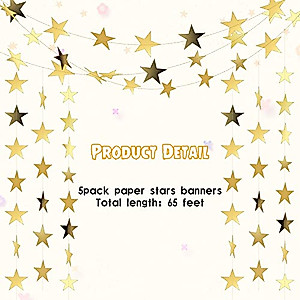 65 Feet Glitter Star Paper Garland Banner Hanging Decoration Gold Star Garland Double Side 2022 Graduation Decorations for Wedding Birthday Festival Party Decoration