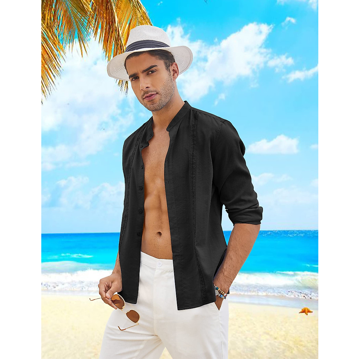 COOFANDY Men's Cuban Guayabera Shirt Long Sleeve Linen Cotton Shirt Hippie Beach Button Down Casual Shirts Black