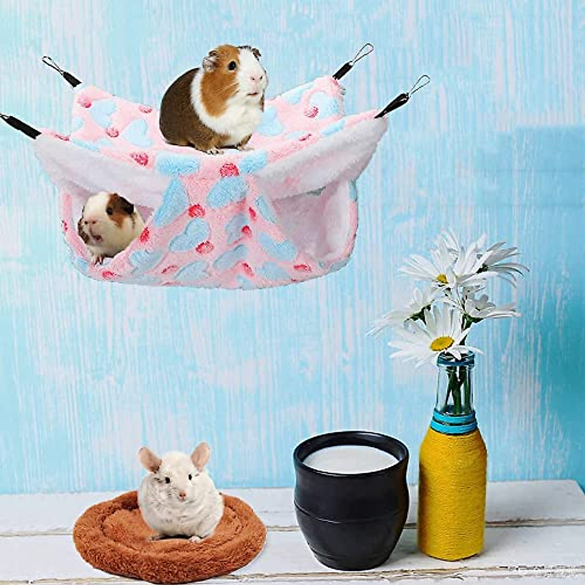 2 Pcs Guinea Pig Hamster Hanging Hammock and Warm Bed Soft Mat Set Hamster Mats for Hedgehog Chinchilla Small Pet Cage Hammock Hideout Tunnel Cave Rat Ferret Squirrel Bearded Dragon Small Pet-Pink