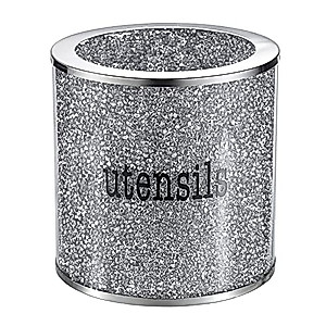 JUXYES Sparky Glass Crushed Diamond Utensils Holder for Party, Luxurious Silverware Holder Organizer Decorative Utensil Storage Crock Shiny Cutlery Holder Silverware Organizer for Kitchen Dining Table