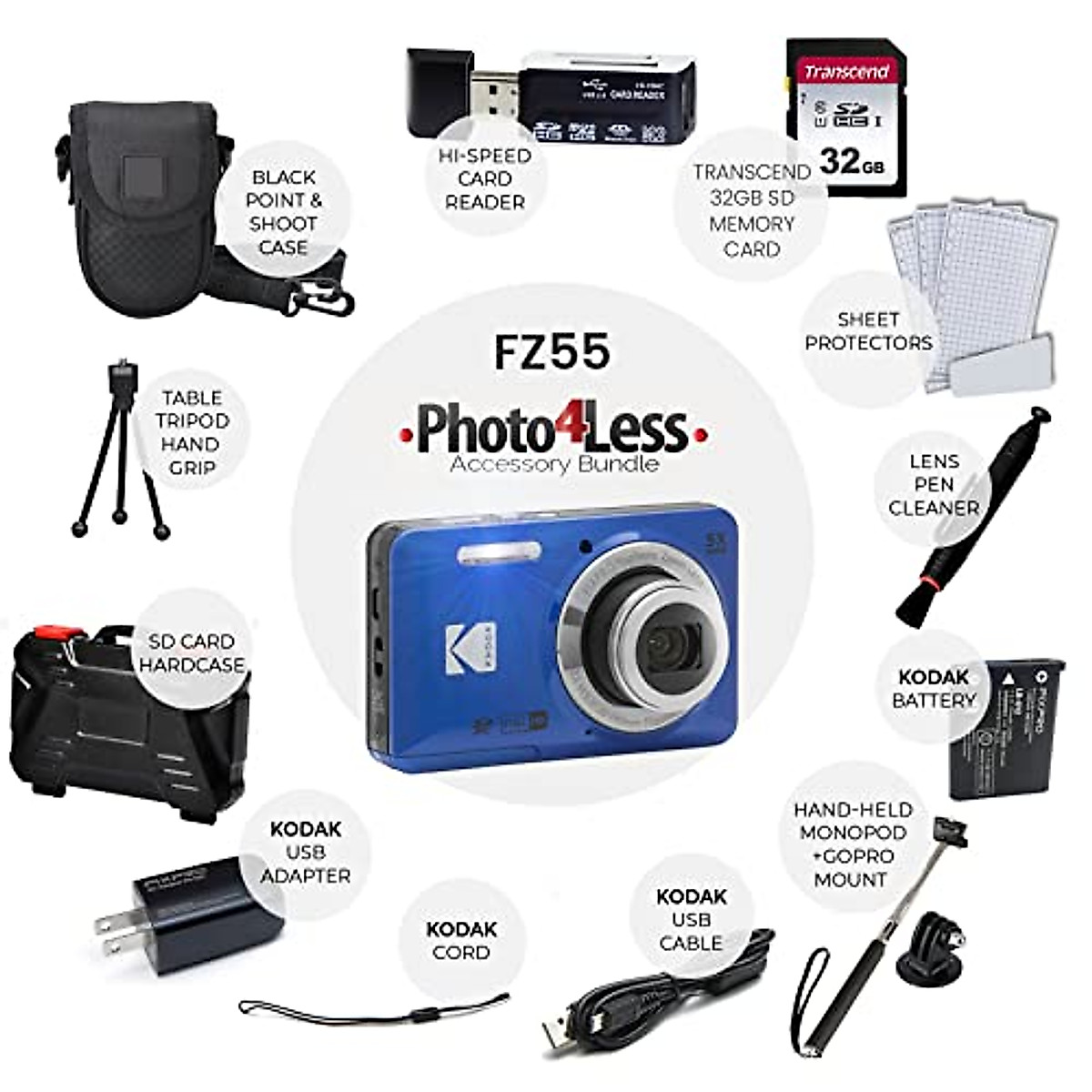 Kodak PIXPRO FZ55 Digital Camera (Blue) + 32GB Memory Card + Point and Shoot Camera Case + Extendable Monopod + Lens Cleaning Pen + LCD Screen Protectors + Table Top Tripod – Ultimate Bundle