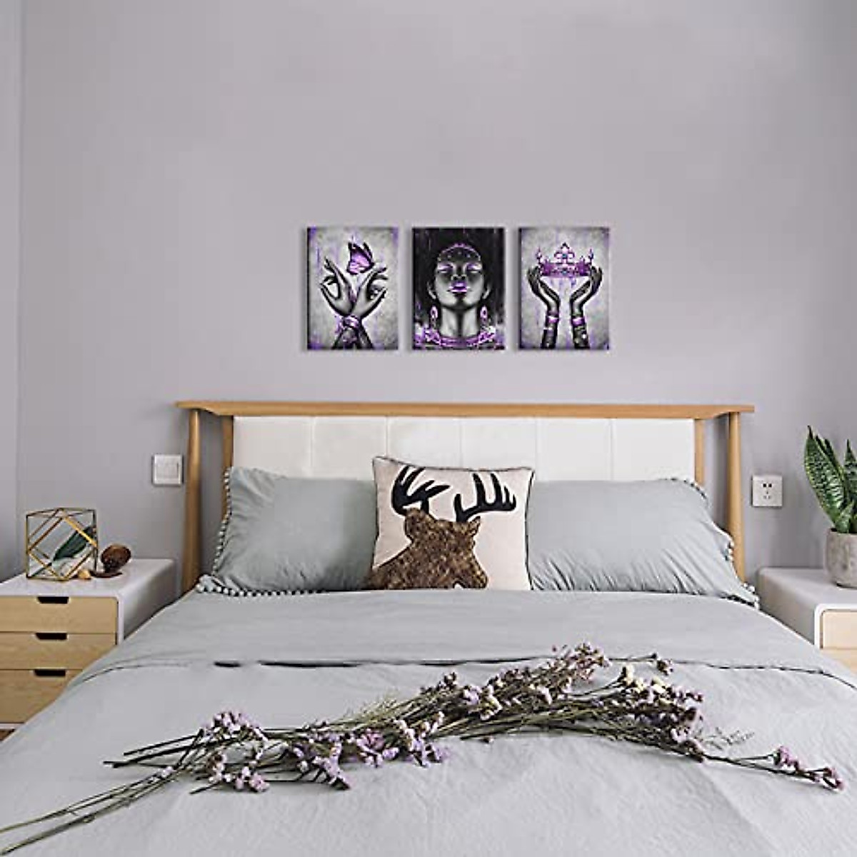 Kalormore Fashion African American Woman Painting Giclee Canvas Prints Elegant Black Girl with Purple Accessories Picture Poster Gallery Wrapped Artwork for Bedroom Makeup Room Decoration