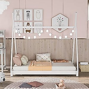 FIQHOME Twin Size House Platform Bed with Triangle tructure, Kids Floor Bed House Bed Solid Wood Frame, Wooden Slat Support, for Boys & Girls,No Box Spring Needed,White