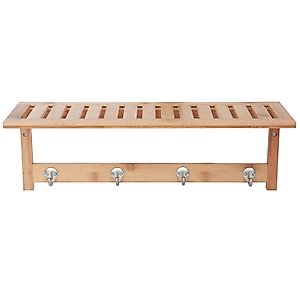 ToiletTree Products 100% Bamboo Wooden Natural Shelf with 4 Stainless Steel Hooks