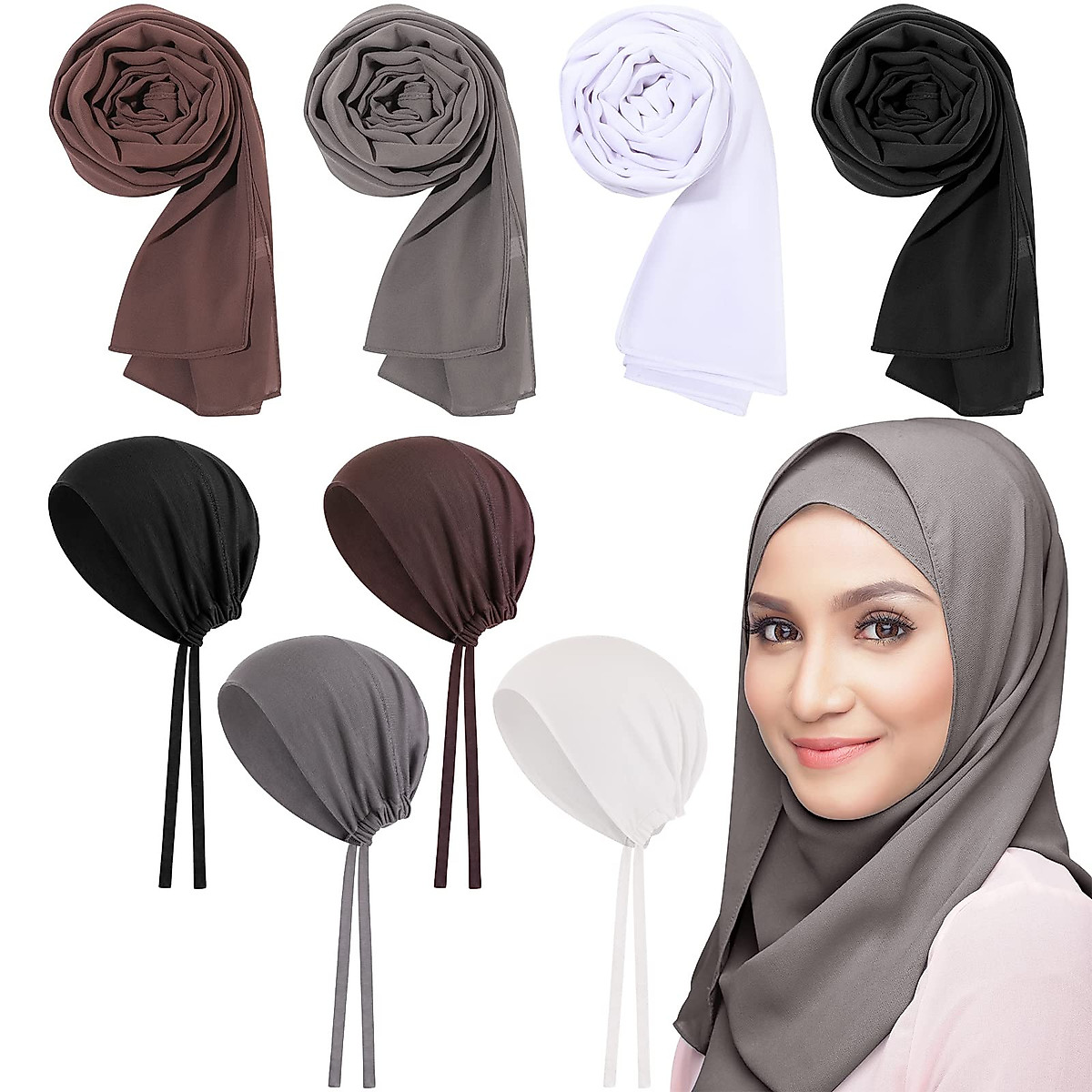 4 Pcs Women Chiffon Scarves 4 Pcs Hijab Caps Long Shawl Soft Wrap Scarves Islamic Muslim Underscarf Turban Caps Sleep Hats (Retro Colors)