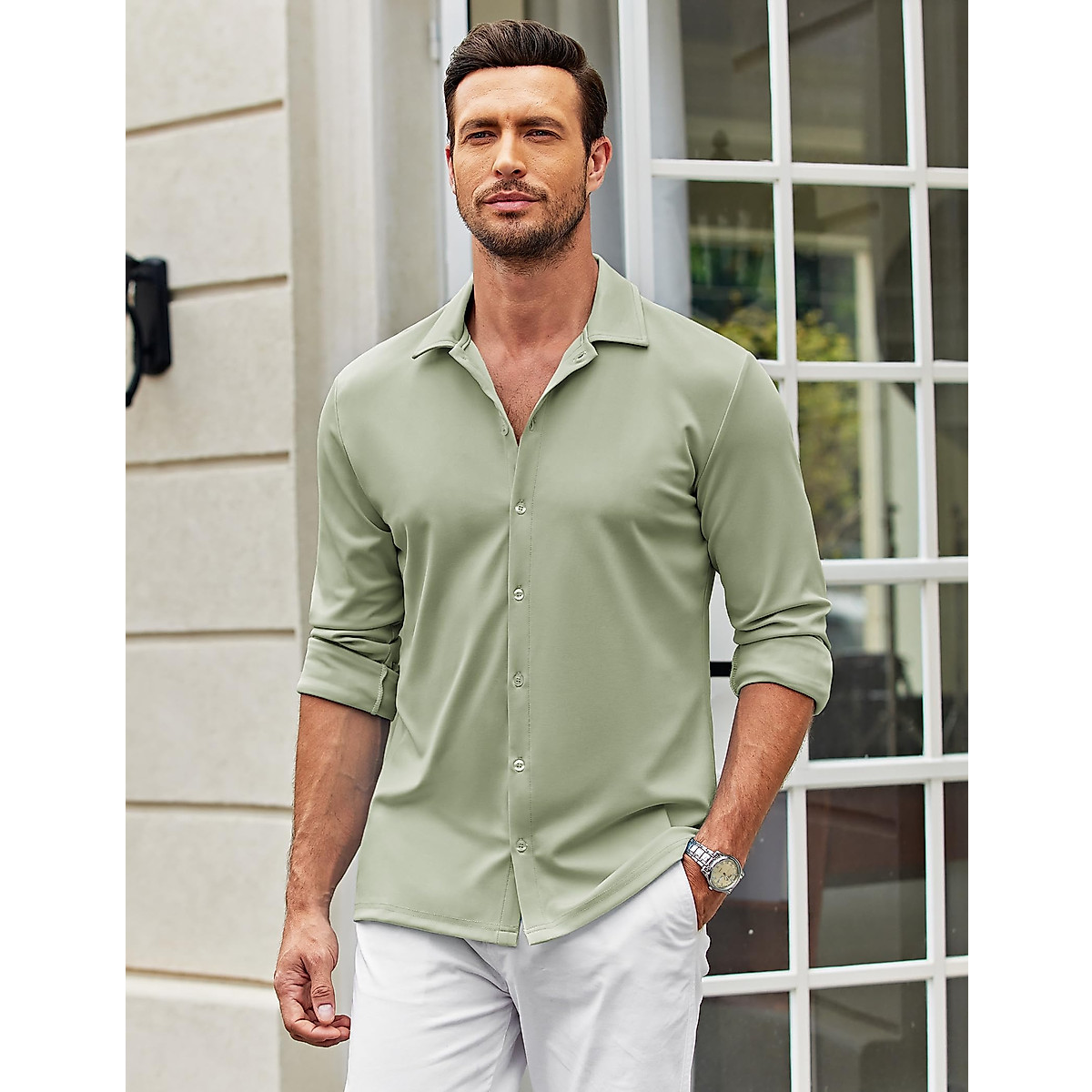 COOFANDY Men's Casual Button Down Shirt Wrinkle Free Shirts Long Sleeve Dress Shirt Light Green