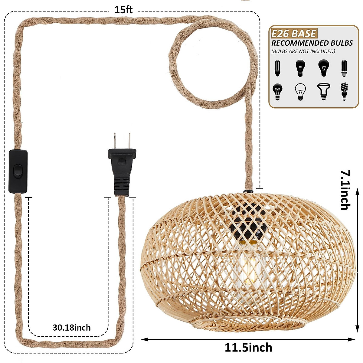Plug in Pendant Light Rattan Hanging Lights with Plug in Cord, 15 FT Hemp Rope Cord Pendant Lamp Bamboo Lampshade, Farmhouse Industrial Boho Plug In Ceiling Light Fixture For Living Room Bedroom