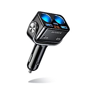 USB C Car Charger, BUVAYE 2-Socket Cigarette Lighter Splitter with 12V/24V Dual PD30W & QC3.0 Fast Charging, Cigarette Lighter Adapter Separate Switch LED Voltage Display for Phone, GPS, Dash Cam