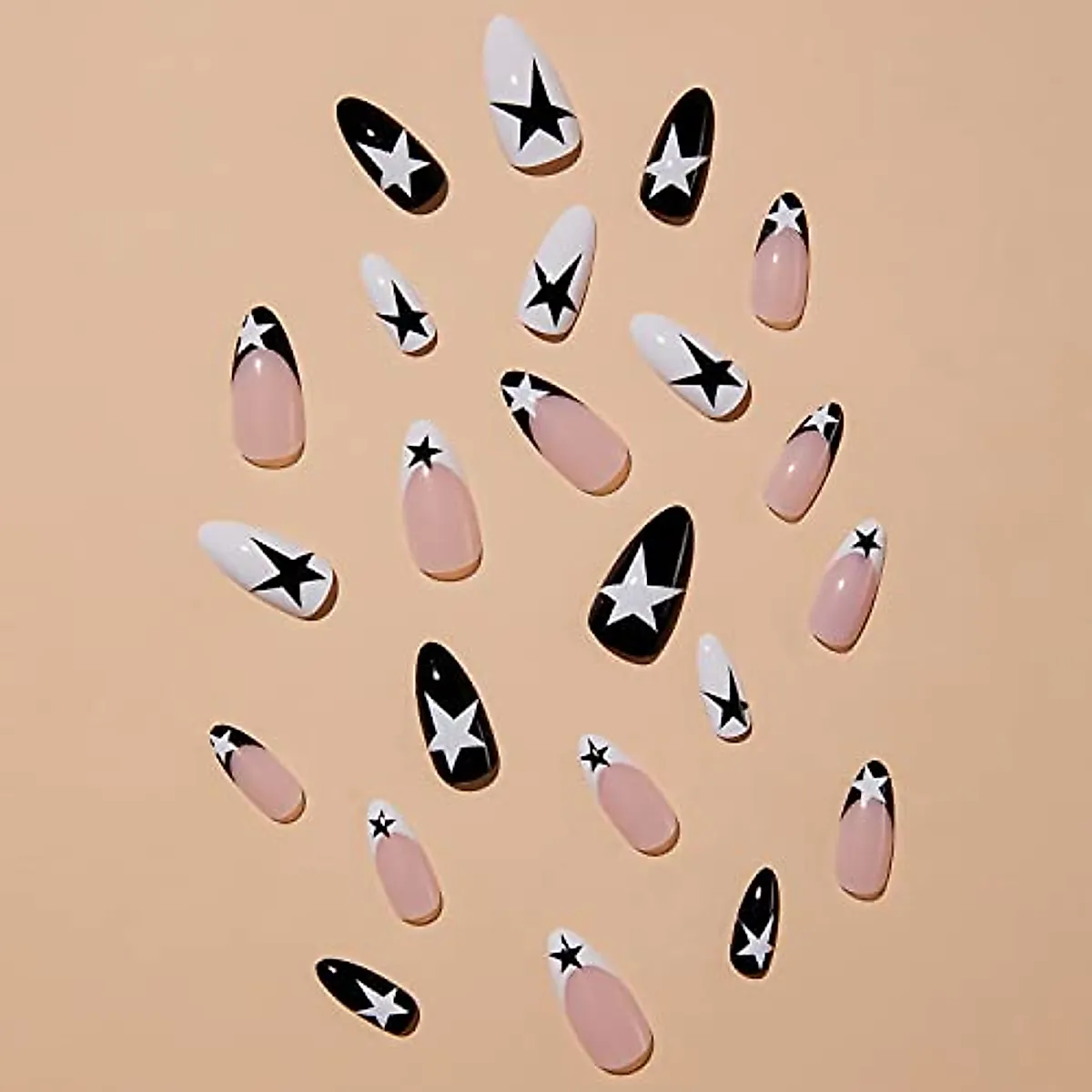 24 Pcs Press on Nails Medium Almond Fake Nails French Tip Black White Stars Designs False Nails with Black White Glossy Acrylic Full Cover Nude Acrylic Nails Reusable Artificial Nails for Women Girls