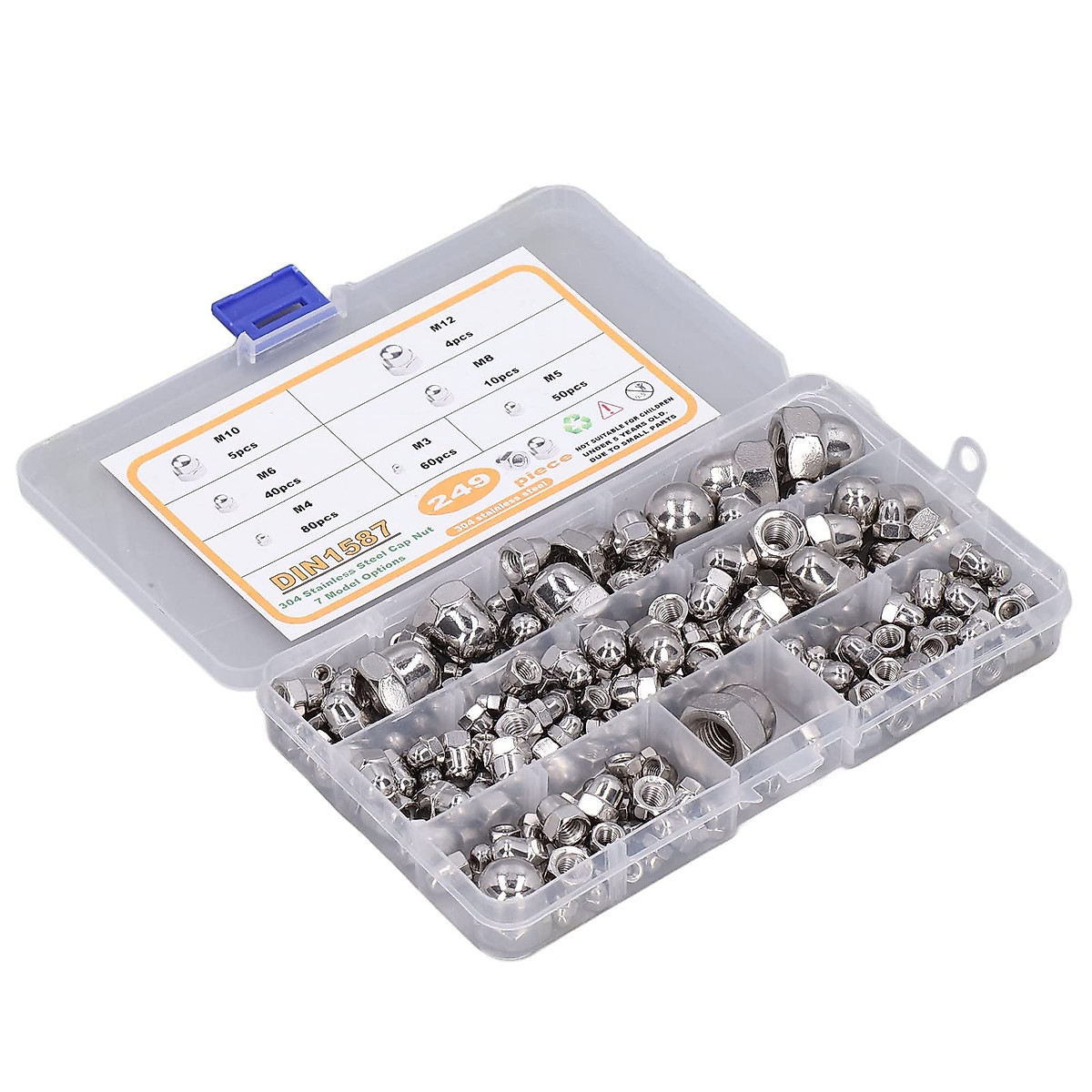249Pcs Acorn Hex Cap Nuts Assortment Kit,M3‑M12 DIN1587 304 Stainless Steel Bright Finish