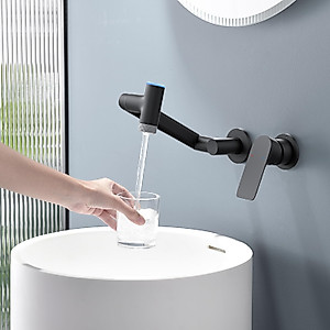 Lefton Wall Mount Bathroom Faucet with Temperature Display (Battery-Free), Single Handle Wall Mount Faucet for Bathroom Sink, Matte Black, BFWM2401-3