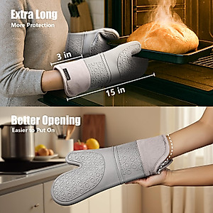 Rorecay Extra Long Oven Mitts and Pot Holders Sets: Heat Resistant Silicone Oven Mittens with Mini Oven Gloves and Hot Pads Potholders for Kitchen Baking Cooking, Quilted Liner, Gray, Pack of 6