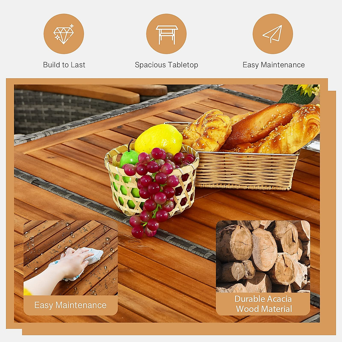 Toolsempire Patio Dining Set Outdoor Dining Set, 9 Pieces Wicker Patio Furniture Set with Acacia Wood Table and Chairs, Garden Dining Table Set for Backyard, Desk, Poolside, Christmas(Grey)