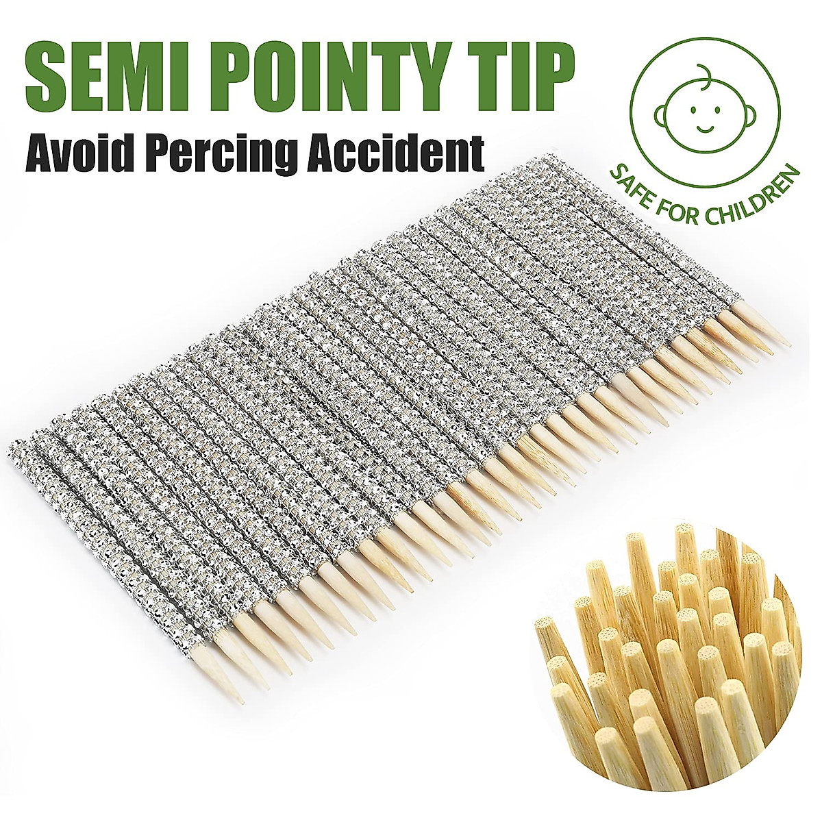 32 PCS Bling Candy Apple Bamboo Sticks, Caramel Apple Wooden Pointed Skewers with Rhinestones Diamond Mesh Wrap, Fruit Treats Pop Dec Bar for Dessert Table Tea Party Birthday Wedding (Silver)