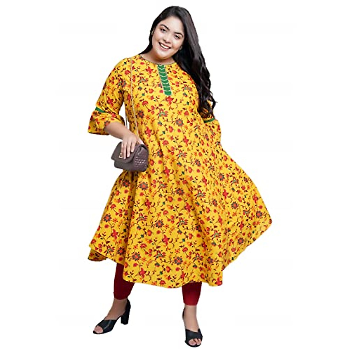 Yash Gallery Women's Plus Size Cotton Floral Print Anarkali kurta (Mustard Yellow)