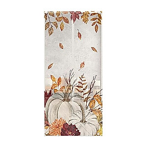 OComster Thanksgiving Magnetic Screen Door, Grey Pumpkin Orange Leaves Bulap Fall Hands Free Screen Mesh Size 38'' x 83'', Reinforce Heavy Duty Mesh Screen Doors for Patio/Front/Sliding Door