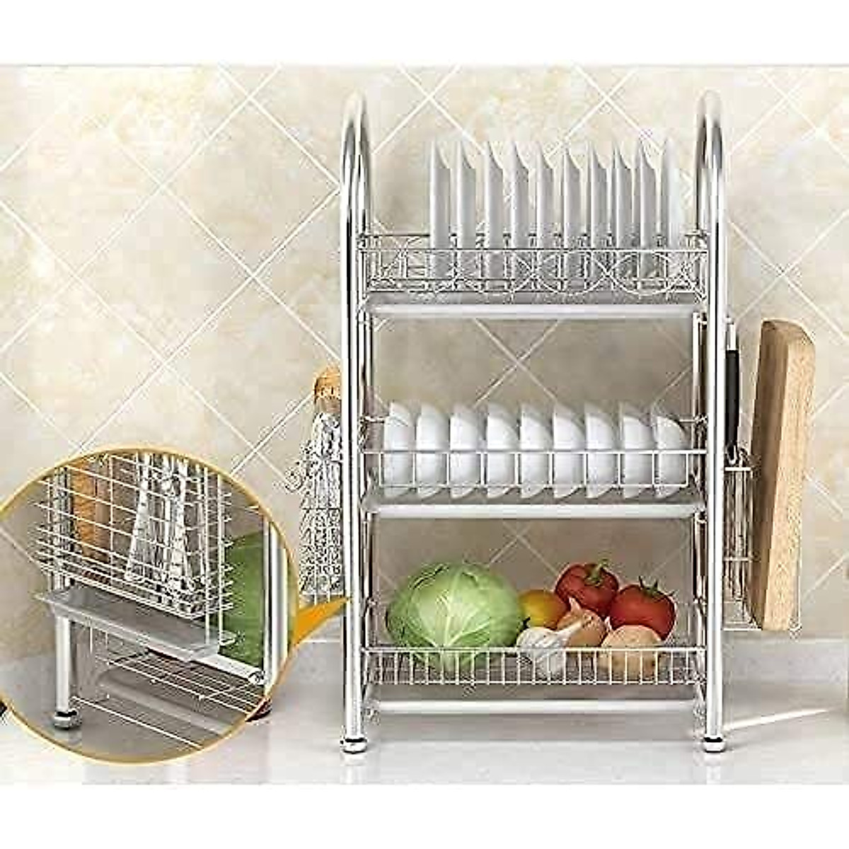 Plate Rack Dish Drainer Rack Drainer Holder Organization Shelf Kitchen Stainless Steel Utensil Chopping Board Holder with Drain Pan Plate Holder (Color : Silver, Size : 3-Tier)