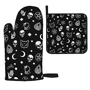 Skull Cat Moon Gothic Oven Mitts and Pot Holders Sets,Heat Resistant Non Slip Kitchen Gloves Hot Pads with Inner Cotton Layer for Cooking BBQ Baking Grilling