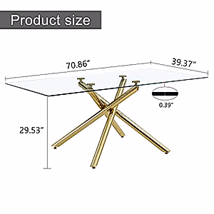 71 inch Glass Dining Table with Clear Rectangular Glass Top, 4 Chrome Golden Legs Modern Rectangular Glass Kitchen Table Furniture for Home Office Kitchen Dining Room, 6-8 People