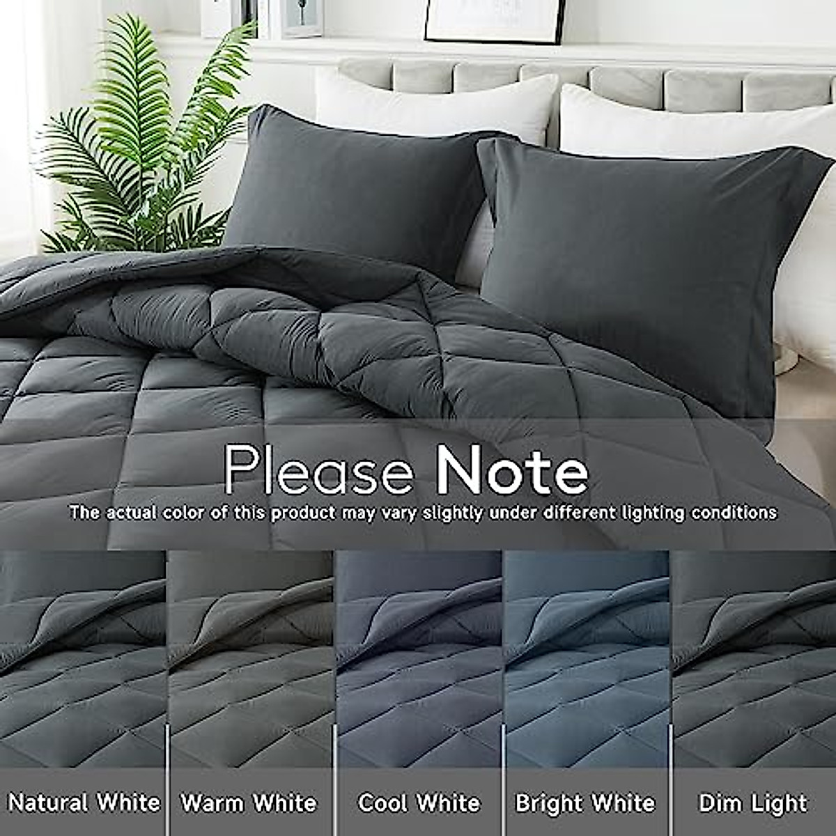 HYLEORY King Size Comforter Set with 2 Pillow Shams - Down Alternative Bed Comforters Bedding Sets for All Season - Lightweight - Machine Washable - Dark Grey