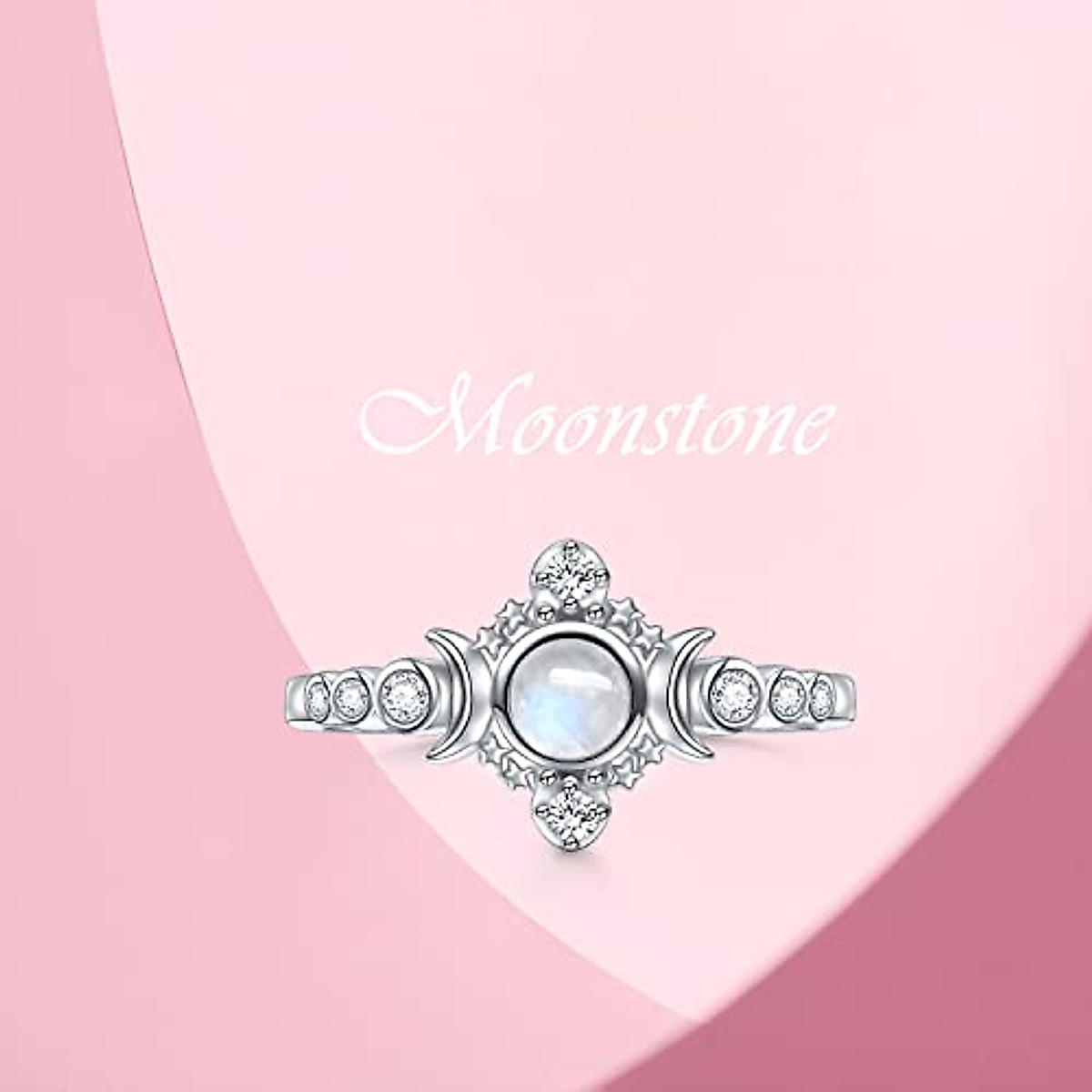 Yearace Genuine Moonstone Ring 925 Sterling Silver Moon Phase Ring Round Moonstone Cubic Zirconia Statement Band Finger Minimalist Ring for Women Girls with Gift Box