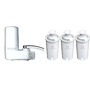 Brita Tap Water Filter System, Water Faucet Filtration System with Filter Change Reminder, Reduces Lead, BPA Free, White & Water Replacement Filters for Pitchers and Dispensers, 3ct, White