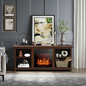 Tangkula TV Stand with Electric Fireplace, for TVs up to 65 Inches, with 18 Inches 1400W Electric Fireplace, with Remote Control, 3 Level Adjustable Flame & Timer, for Living Room, Bedroom