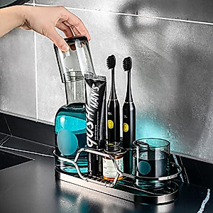 25 OZ Mouthwash Dispenser Bottle with Stainless Steel Toothbrush Holder, Mouthwash Decanter Glass Water Carafe Set for Bathroom,Bedside, Nightstand with Accessories Organizer