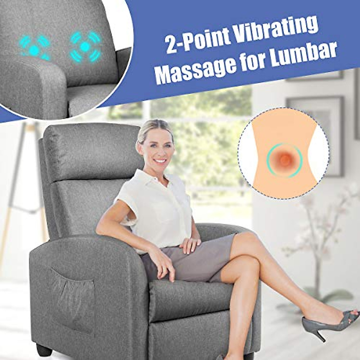 Giantex Recliner Chair, Massage Wingback Single Sofa w/Side Pocket, Fabric Recliner Sofa for Living Room, Modern Padded Seat Reclining Chair, Home Theater Seating Office for Adults (Grey)