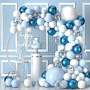 Blue Balloons Garland Arch Kit, 136pcs Metallic Blue White Silver Confetti Balloons Baby Blue Balloon Arch Kit for Boy Baby Shower Birthday Wedding Frozen Party Decorations