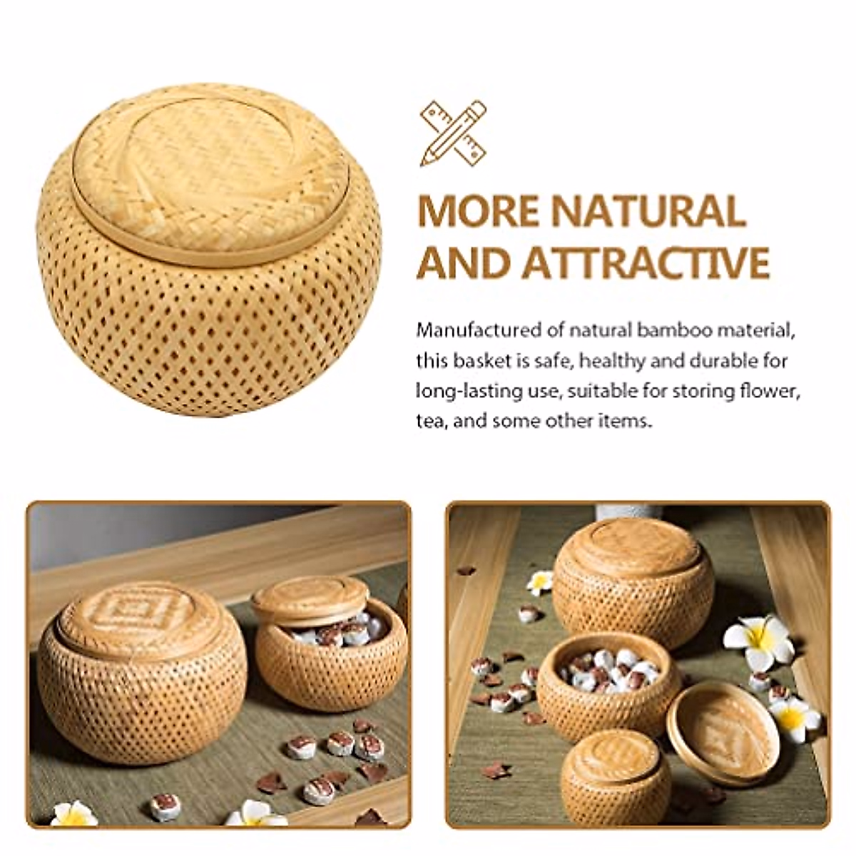 Hemoton Woven Tea Basket Food Serving Baskets with Lid Woven Wicker Basket Round Woven Wicker Basket Log Color
