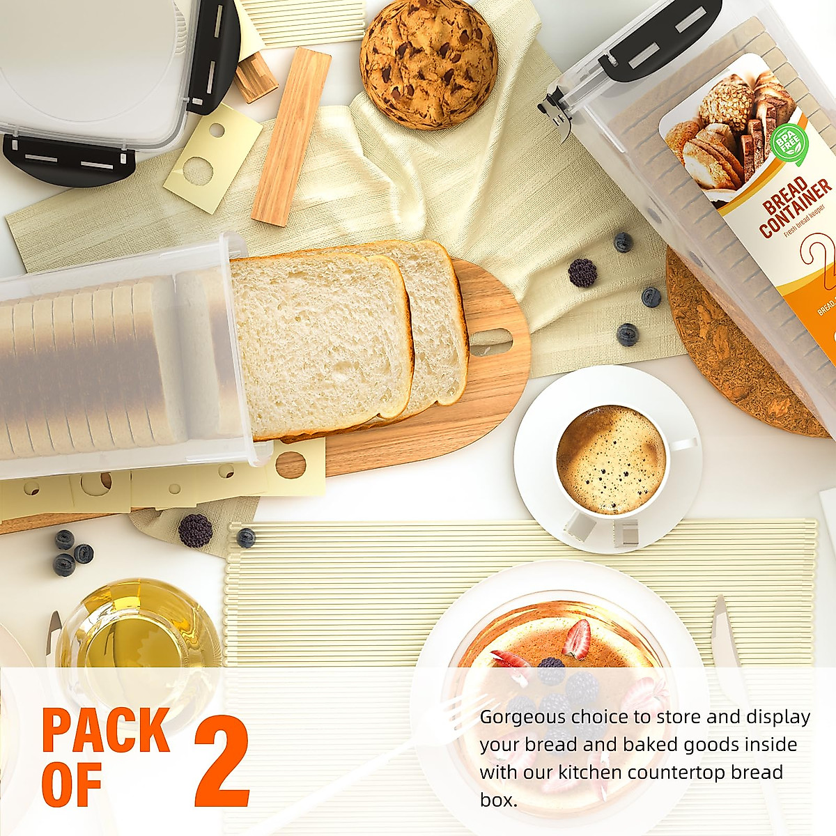 TIME4DEALS Bread Box Pack of 2 Bread Container - Fresh Bread Storage Container Plastic Bread Keeper with Airtight Lid, Sandwich Bread Dispenser Loaf Storage Saver for Kitchen Home, BPA Free, 5 Liter