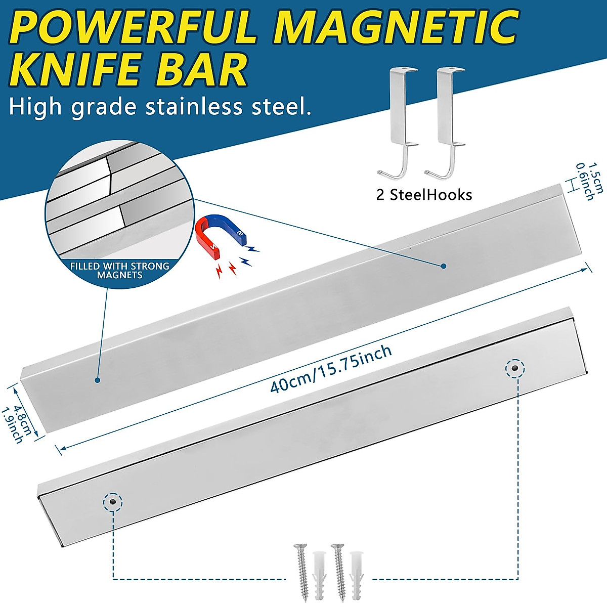 Magnetic Knife Strips(15 Inch X Set Of 2) Magnetic Knife Storage Strip, Knife Holder, Knife Strip, Kitchen Utensil Holder, Tool Holder, Multipurpose Magnetic Knife Rack (stainless steel, 1pcs.)