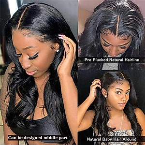180% High Density HD Transparent Body Wave Lace Front Wigs 4X4 Brazilian Virgin Human Hair Pre Plucked with Baby Hair Glueless Lace Closure Wigs for Women (24inch,Natural Black)