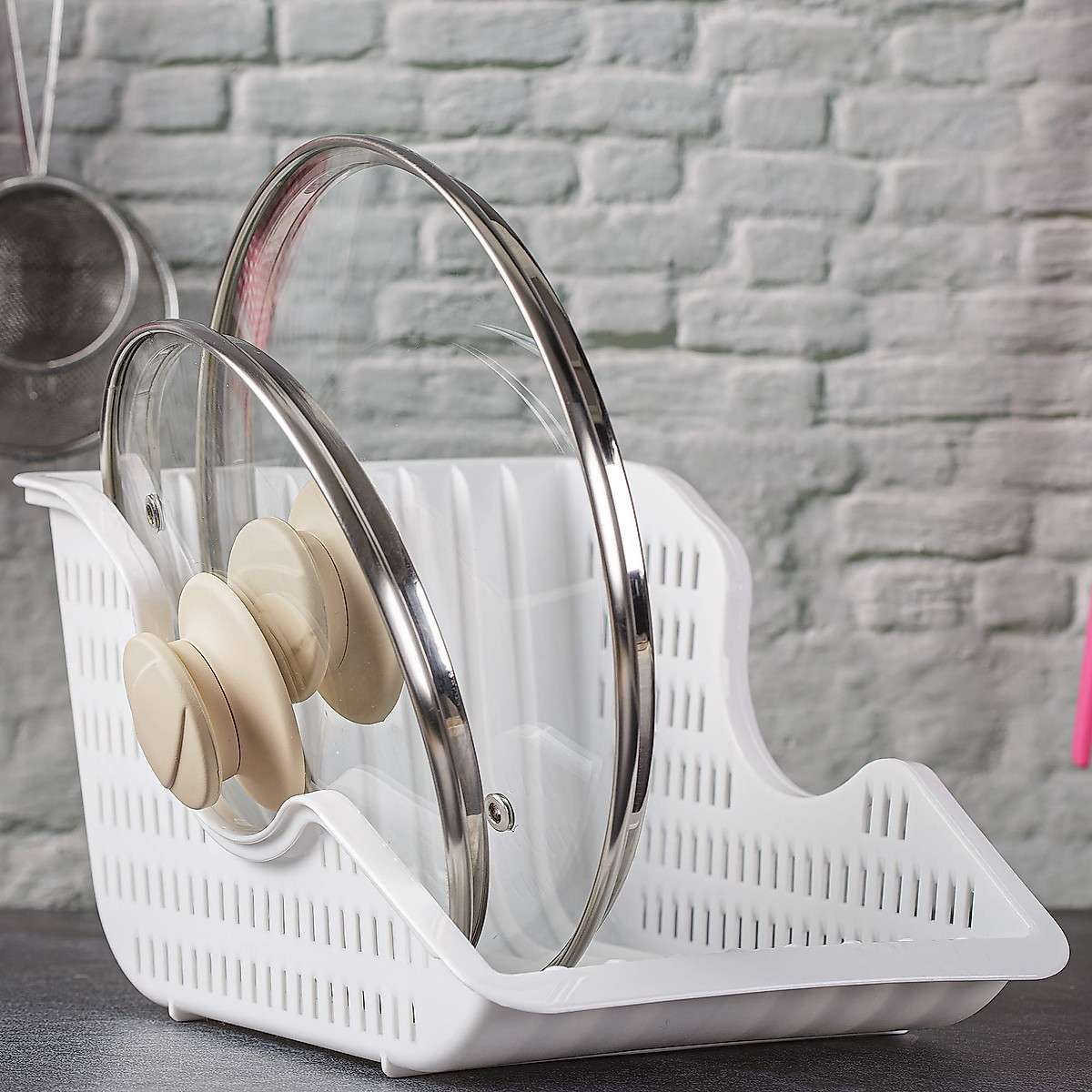 Crystalia Plastic Kitchen Cabinet Organizer for Dishes, Vertical Plate Storage Set for Countertop, Lid Plate Pan Holder Rack, Kitchenware Divider for Under Cabinet, Compact Clutter Organizer, White