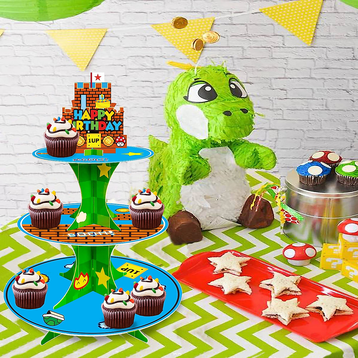 Super Brother Cupcake Stand Video Games Birthday Theme Party Supplies for Kids Birthday Cake Cupcake Decoration 3 Tier Cardboard Service Trays