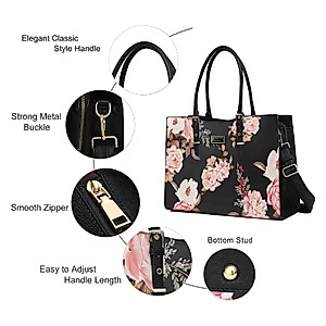 MOSISO Laptop Tote Bag Compatible with MacBook, 17-17.3 inch Notebook and Chromebook, Peony Waterproof PU Leather Travel Work Briefcase with Adjustable PU Handle, Black