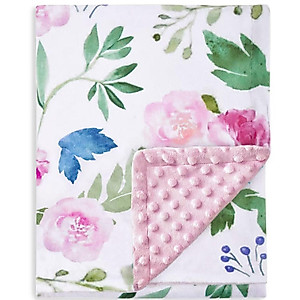 HOMRITAR Baby Blanket for Girls Super Soft Double Layer Minky with Dotted Backing, Receiving Blanket with Pink Floral Multicolor Printed Blanket 30 x 40 Inch(75x100cm)